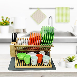 YZHDUXIU Bamboo Dish Drying Rack with Utensil Holder, 3 Tier Collapsible Dish Rack, Large Dish Racks for Kitchen Counter, Wooden Folding Dish Drainer with Dish Drying Mat (3 Tier (with Drying Mat))