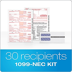 TOPS 1099 NEC Forms 2022, 4 Part Laser/Inkjet 1099 Forms with Self Seal Envelopes, for 30 Recipients, Includes 3 1096 Forms (TX22925NEC-22)