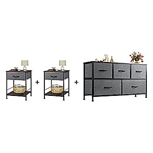 WLIVE 1-Drawer Nightstand and 5-Drawer Dresser Set, Fabric Dresser, Storage Organizer Unit with Fabric Bins for Closet, Living Room, Hallway, Nursery, Steel Frame, Wood Top, Dark Grey