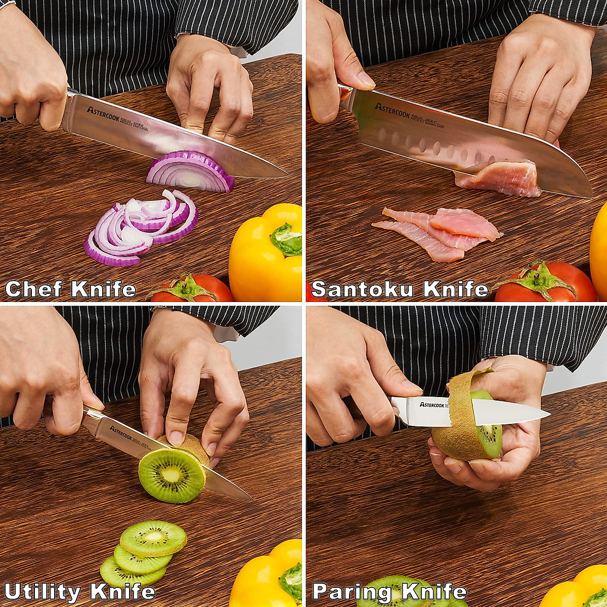 Knife Set, 15 Pcs Kitchen Knife Set With Block, Astercook German Stainless Steel With Scissors, Knife Sharpener and 6 Serrated Steak Knives