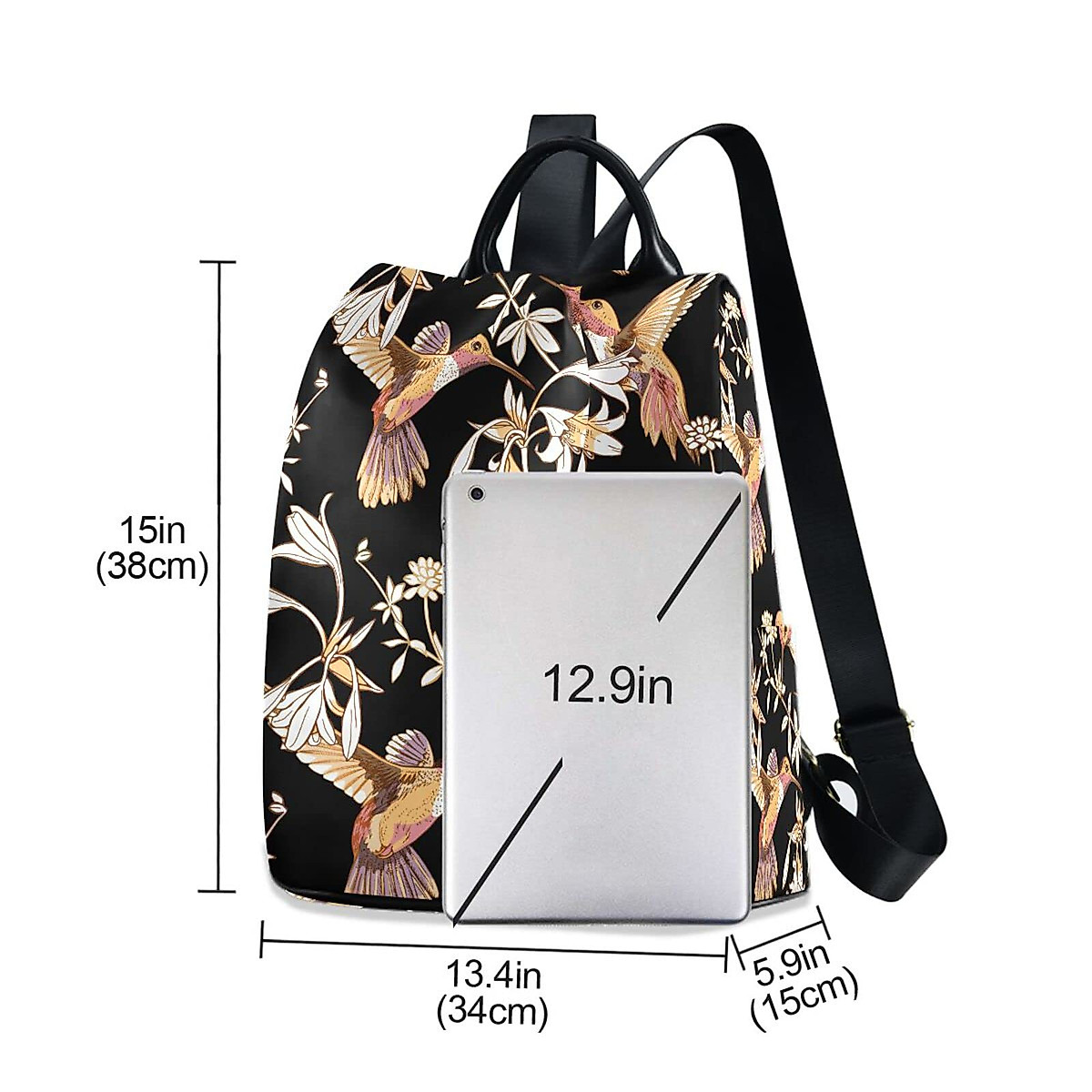 Fustylead Floral Gold Hummingbirds Flowers Backpack Purse for Women Anti Theft Fashion Back Pack Shoulder Bag