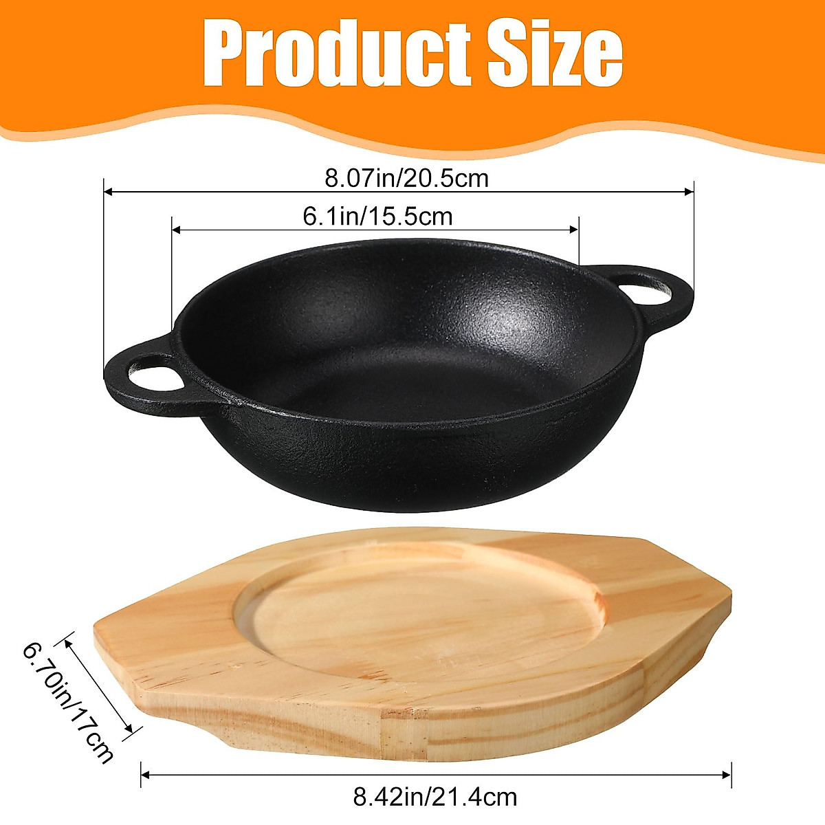 Jingmore 2 Sets Mini Cast Iron Skillet with Wooden Base Mini Cast Iron Sizzler Plates Skillet Mini Cast Iron Pan Round Fajita Plate Hot Steak Skillet Dish for Baking Cooking (6.1 Inch)
