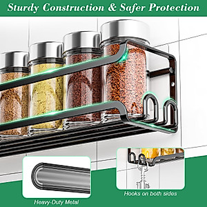 LUCYCAZ 4 Pack Wall Mounted Spice Rack with 16 Hooks, Spice Organizer for Cabinet Pantry Door,Screw or Adhesive Spice Shelf Hanging Wall Spice Rack in Kitchen and RV (Black)