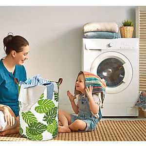 HIYAGON Laundry Baskets,Collapsible Hamper, Canvas Fabric Laundry Hamper,for Toy Organizer Bins,Gift Baskets, Bedroom, Clothes, Nursery,Kids,Boys (Green Leaf)