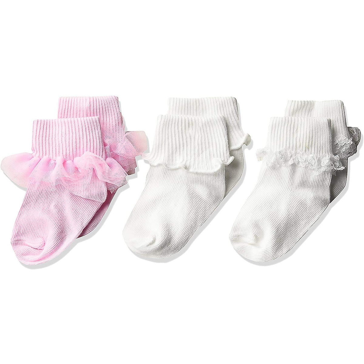 Jefferies Socks Girls' Ruffle/Ripple Edge/lace Baby Socks 3 Pack, Pink/White, 12-24 Months
