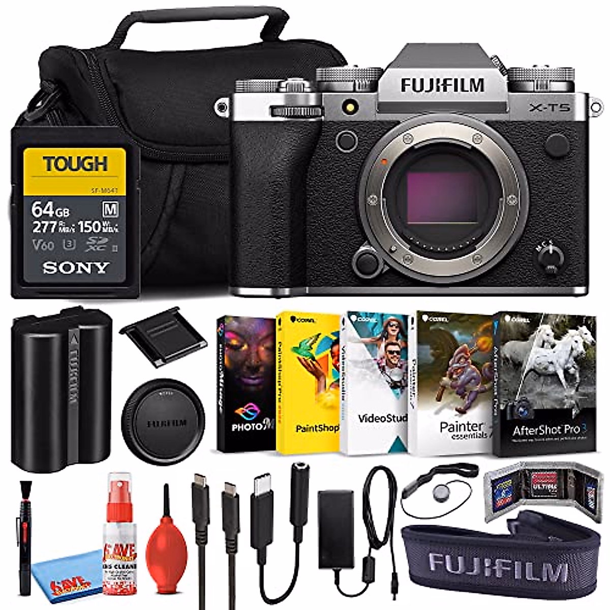 Fujifilm X-T5 Mirrorless Digital Camera (Body Only) (Silver, 16782337) Bundle with Sony 64GB SF-M UHS-II Memory Card + Corel Photo Editing Software + Large Camera Bag + Camera Cleaning Kit + More