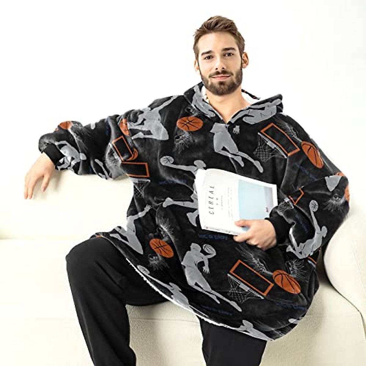 NZOOHY Sherpa Blanket Hoodie Basketball Sport Pattern Wearable Blanket Oversized Hoodie Blanket Gift for Adult Women Men Teens, One Size Fits All