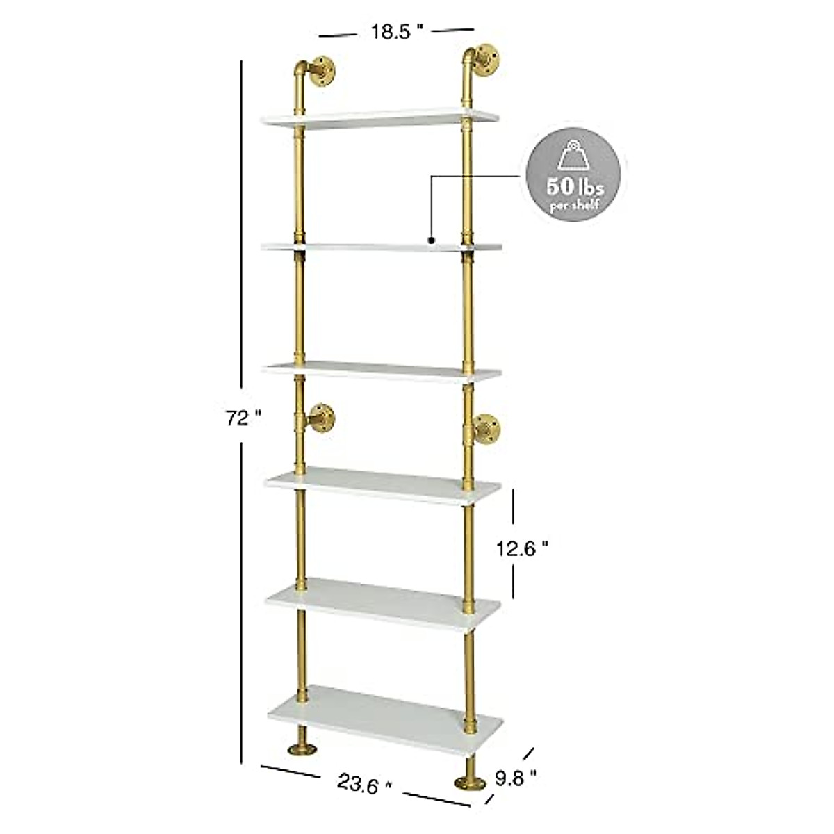 ZIOTHUM 6 Tier Gold Bookshelf, White and Gold Shelves, Modern Shelves Shelf Bookcase Metal Mid Century Open Industrial Wall Mount Accents Decor Retail Shelving Vertical for Living Room