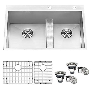 Ruvati 33-inch Drop-in Low Platform-Divide Zero Radius 60/40 Double Bowl 16 Gauge Topmount Kitchen Sink - RVH8059
