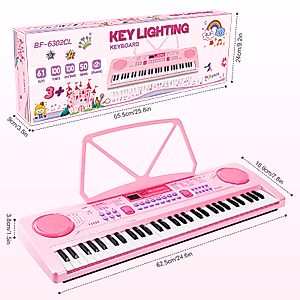 WOSTOO Kids Keyboard Piano, Portable 61 Keys Keyboard Electronic Digital Piano, Early Learning Educational Musical Piano Toy Keyboard Gift for Beginners with Music Stand, Microphone (Pink)