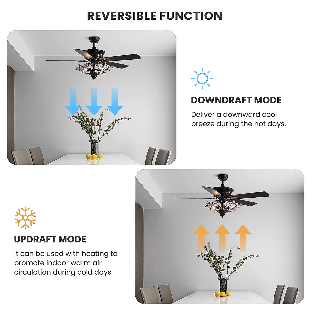 CROSSIO Modern Crystal Chandelier Ceiling Fan Gorgeous Reversible Ceiling Fan Light Fixture with Remote for Bedroom Living Room (Black-2, 50")