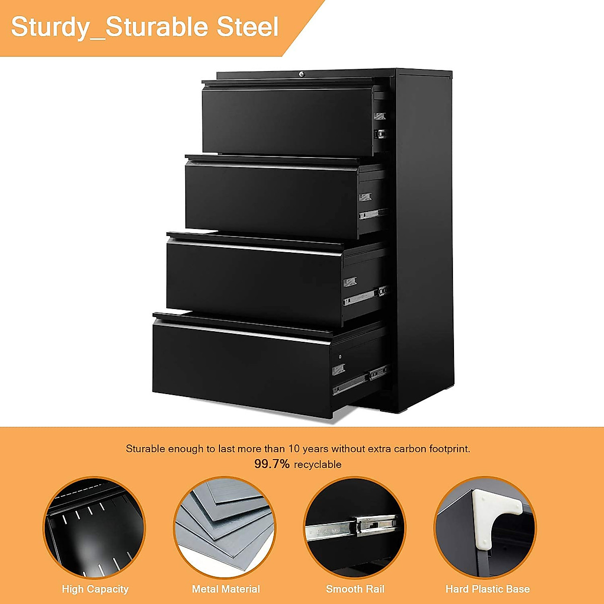 AOBABO 4 Drawer Lateral Steel File Organizing Cabinet with Locking System and Adjustable Hanging Bars for Letter/Legal Size Paper, Black