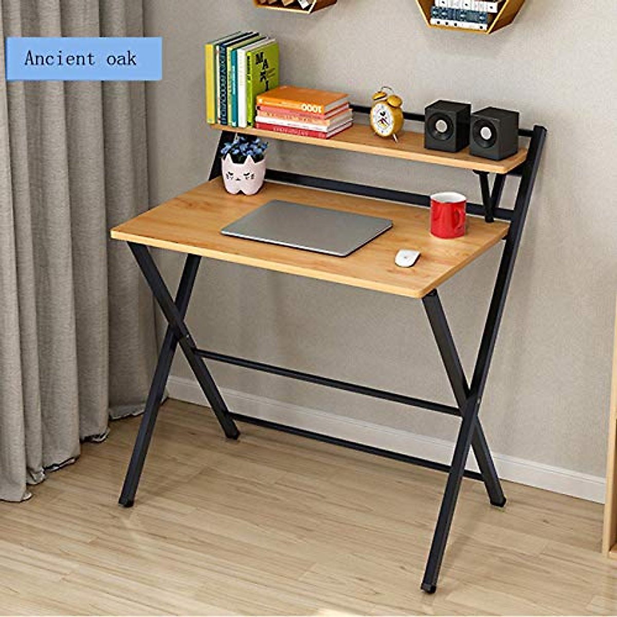 【US Stock】 Folding Study Computer Desk - Writing Desk Portable Lazy Foldable Table Laptop Desk Simple Computer Desk with Shelf for Small Space,Free Installation Home Office Desk (Khaki)