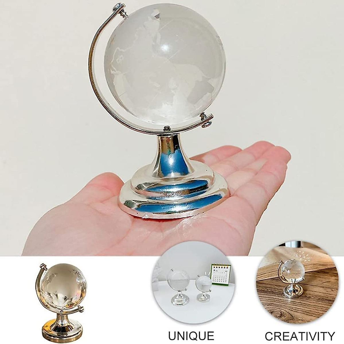 4every Mini World Globe Crystal Glass Clear Paperweight Desk Office Home Decor Wedding Favor Crafts Ornaments Gifts, Miniature Ball Sphere Display, Round Earth(Ball Diameter 8.5cm)