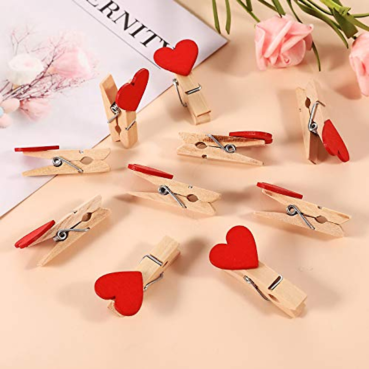 40PCS Clothes Pins Mini Clothespins Colored - Wooden Small Clothespins for Photos Pictures Crafts Colorful Wood Clothing Line Chip Clips Decorative Pin for Photo Decoration Craft (Red Heart)