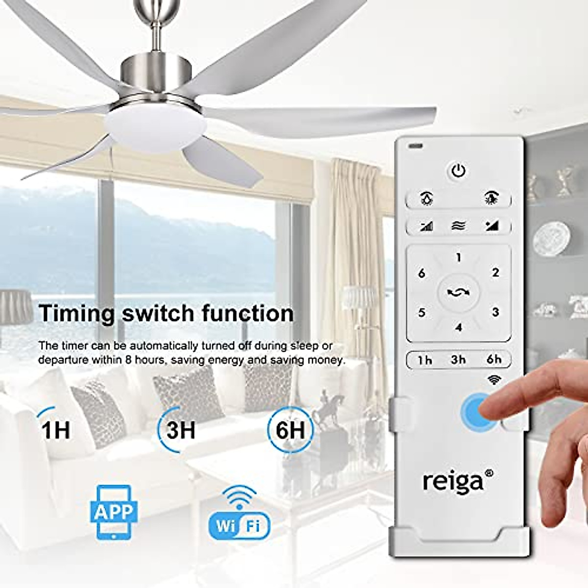 reiga 66" Modern Sleek Ceiling Fan with Dimming Light and APP Remote Control, 6 Matt Sliver Blades Reversible DC Motor for Kitchen, Bedroom, Patio