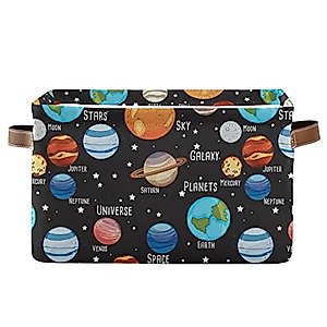 Kigai Solar System Storage Basket Collapsible Rectangle Storage Bin Shelves Basket Organizer with Leather Handle for Closet, Office, Nursery, Home Decor