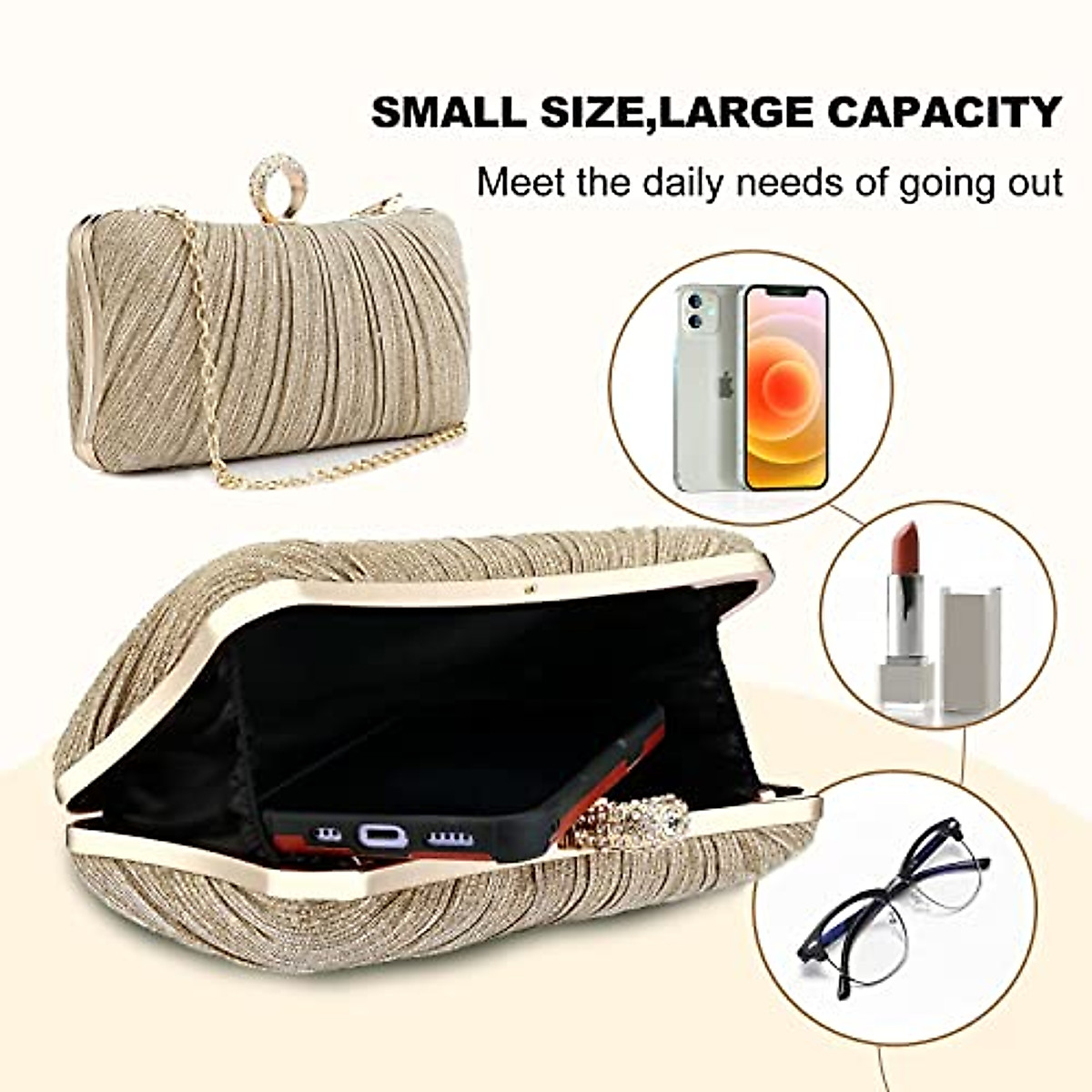 Womens Golden Evening Clutch Purse Glitter Handbag Pleated Evening Bag for Bridal Wedding Party (Gold)