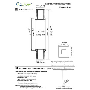 Aquaiaw Square Shower Arm and Anti-Scratch O-Ring Flange, 3 inch, Solid Brass, Both Soldered 1/2 NPT Tapered Threads, Straight Rainfall Shower Head Arm Extension, Ceiling Mount (Matte Black)