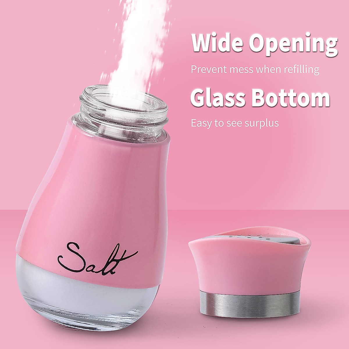 Salt and Pepper Shakers Set, Stainless Steel with Glass Bottle for Table, RV, Camp, BBQ, Set of 2, Pink