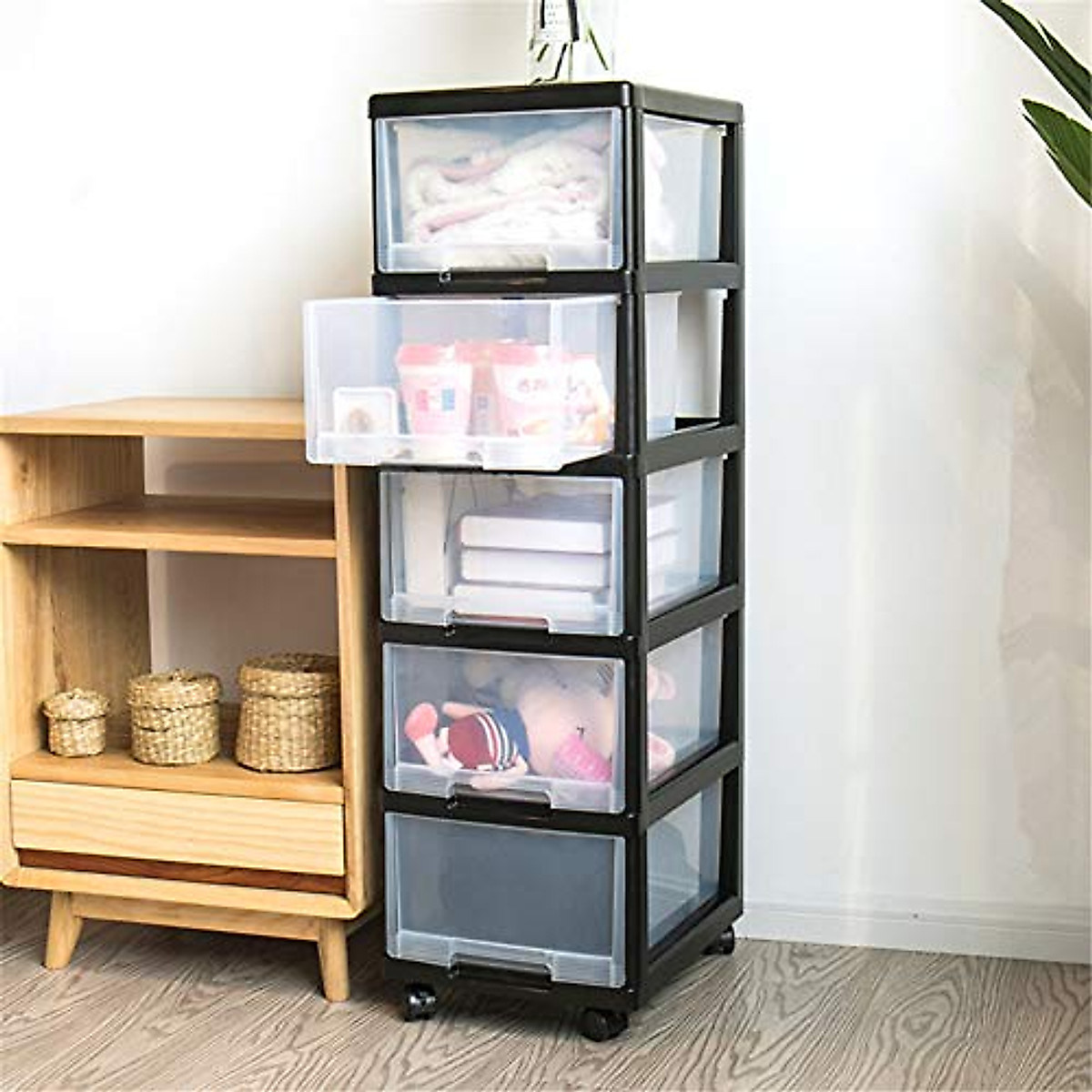 Shozafia 5-Drawer Rolling Storage Cart on Wheels, Craft Storage Containers Bins, Black Frame & Clear Storage Drawers