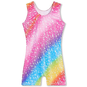 TENVDA 3 Pack Girls Leotards for Gymnastics Size 8 9 Years Old Sparkly Hot Pink Rainbow Star Tumbling Biketard with Shorts Unitard for Little Kids