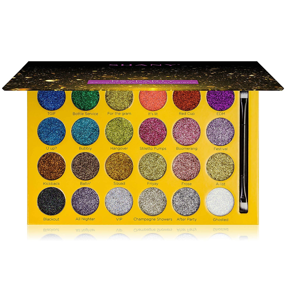 SHANY RSVParty Makeup Glitter Eyeshadow Palette - 24 Long-Lasting Pressed Glitter Pigments for Face and Body - Ultra Pigmented Glitter Makeup set with a Makeup Brush. Full Size Eyeshadow Pan.