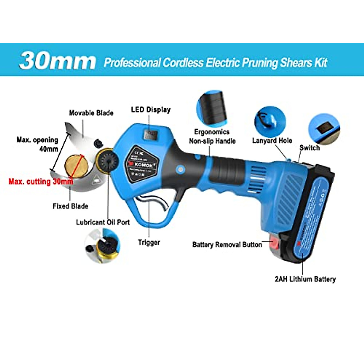 KOMOK Electric Pruning Shears with LED Display, Professional Cordless Electric Pruner, Battery Operated Pruners with 2 Lithium Batteries, 1.2" Cutting Diameter, 6-8 Working Hours for Efficient Pruning