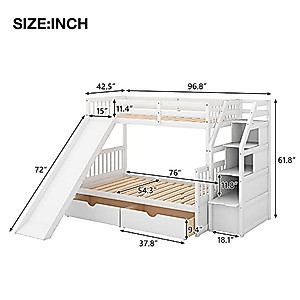 POCIYIHOME Twin Over Full Bunk Bed with Multifunctional Storage Stairway & Slide, Modern Bunk Bed with Build-in Drawers for Kids,Teens Bedroom, Practical & Space-Saving, No Box Spring Needed, White