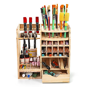 Mezchi Wooden Screwdriver Organizer Holder, 50 Slots Workbench Organizer with Drawer, Small Tool Organizer Storage, No Assembly Required Paint Brush Holder, Hobby Organizer for Paint Brushes, Tools