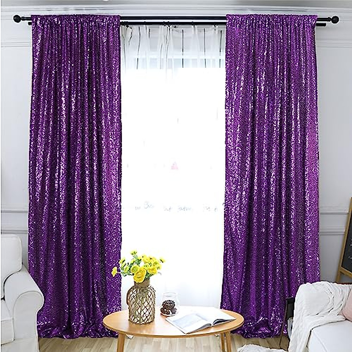 TRLYC Purple Sequin Backdrop Curtains - 2 Panels 2x8ft Sparkly Purple Curtains Glitter Backdrop for Party Christmas Wedding Birthday Halloween Background Decoration