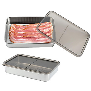 Bacon Container for Refrigerator with Lid Stainless Steel Deli Meat Storage Containers for Fridge Anti Slip and No Stick Keep Fresh Kitchen Food Storage Containers(Silver)