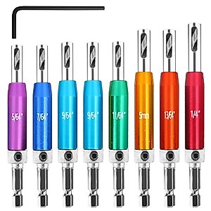 BicycleStore Self Centering Drill Bit Set, Hex Shank Self Center Hinge Drill Bits Tool for Woodworking Window Door Hinge with 1 Hex Key and 8 Drill Bits (Colorful 9PCS)