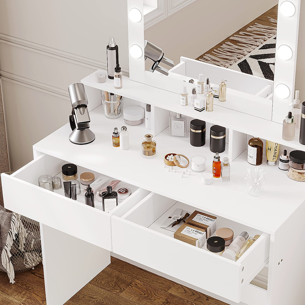 Reettic Vanity Table with Lighted Mirror, Makeup Vanity Desk Set with 2 Storage Drawers, Wooden Bedroom Dressing Table, 9 Lights & Adjustable Brightness, for Women, Mother, Wife, White RSZT101W