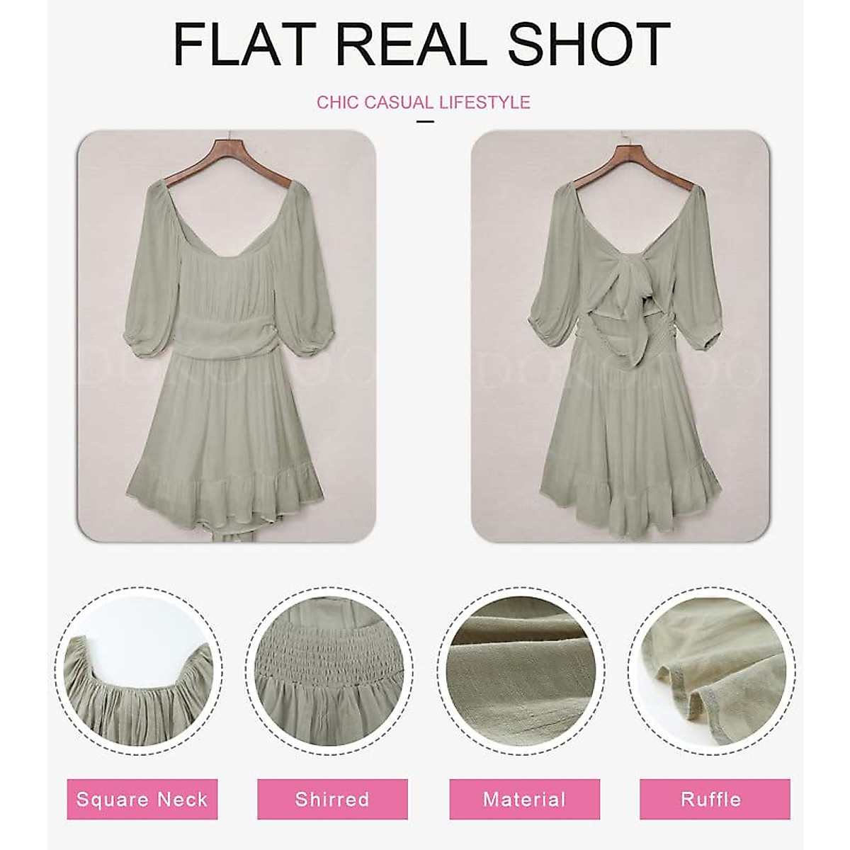 Dokotoo Womens Square Neck Mini Dress Tie Back Lantern Sleeve Summer Dresses Ruffle A-Line Grey Dress Casual Shirred Elastic Waist Sexy Dress Medium