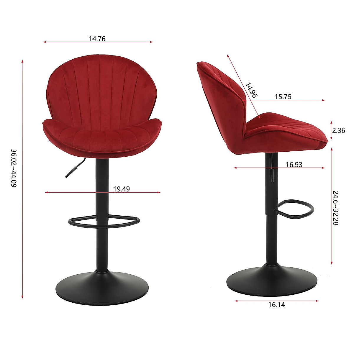 SZLIZCCC Shell Barstools Set of 2, Black Chassis Adjustable Swivel Bar Stool, Velvet Mid Back Bar Chair,Kitchen Counter Stool (Red)