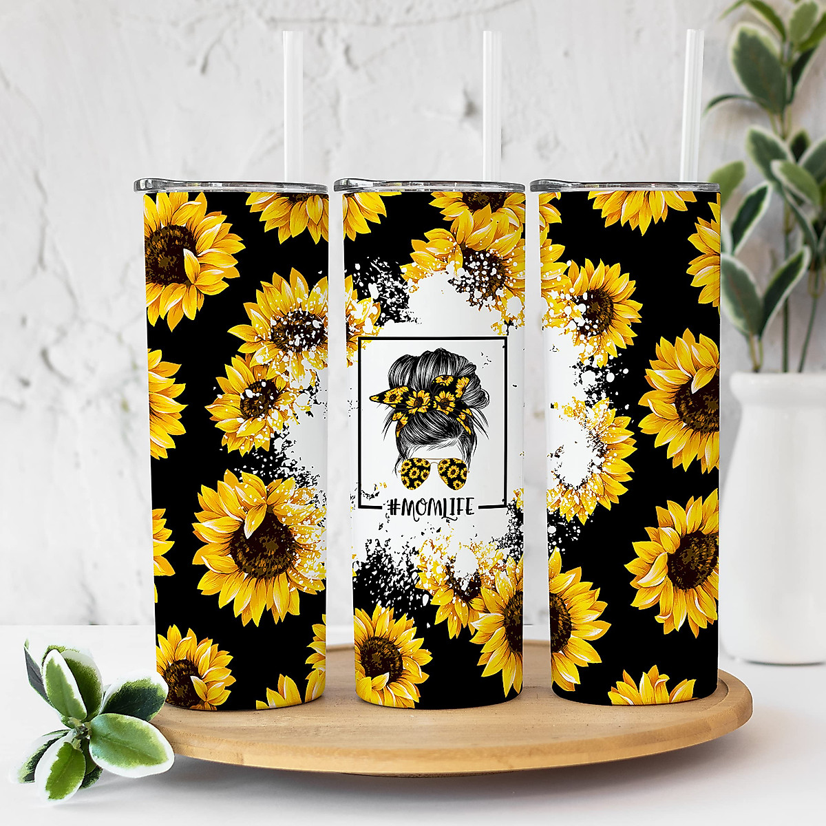 YouNique Designs Sunflower Mom Coffee Tumbler with Straw and Lid, 20 Oz, Insulated Stainless Steel Skinny Tumbler for Women, Mama Tea Tumbler, Mom Life Water Tumbler Cup