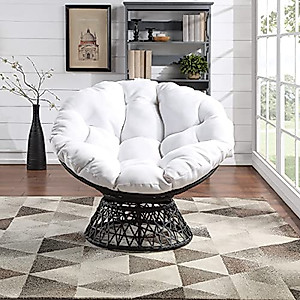 OSP Home Furnishings Wicker Papasan Chair with 360-Degree Swivel, 40â€ W x 36â€ D x 35.25â€ H, Grey Frame with White Cushion