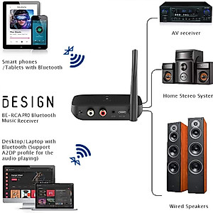 Besign BE-RCA Pro Long Range Bluetooth Adapter for Bluetooth Music Streaming, Black