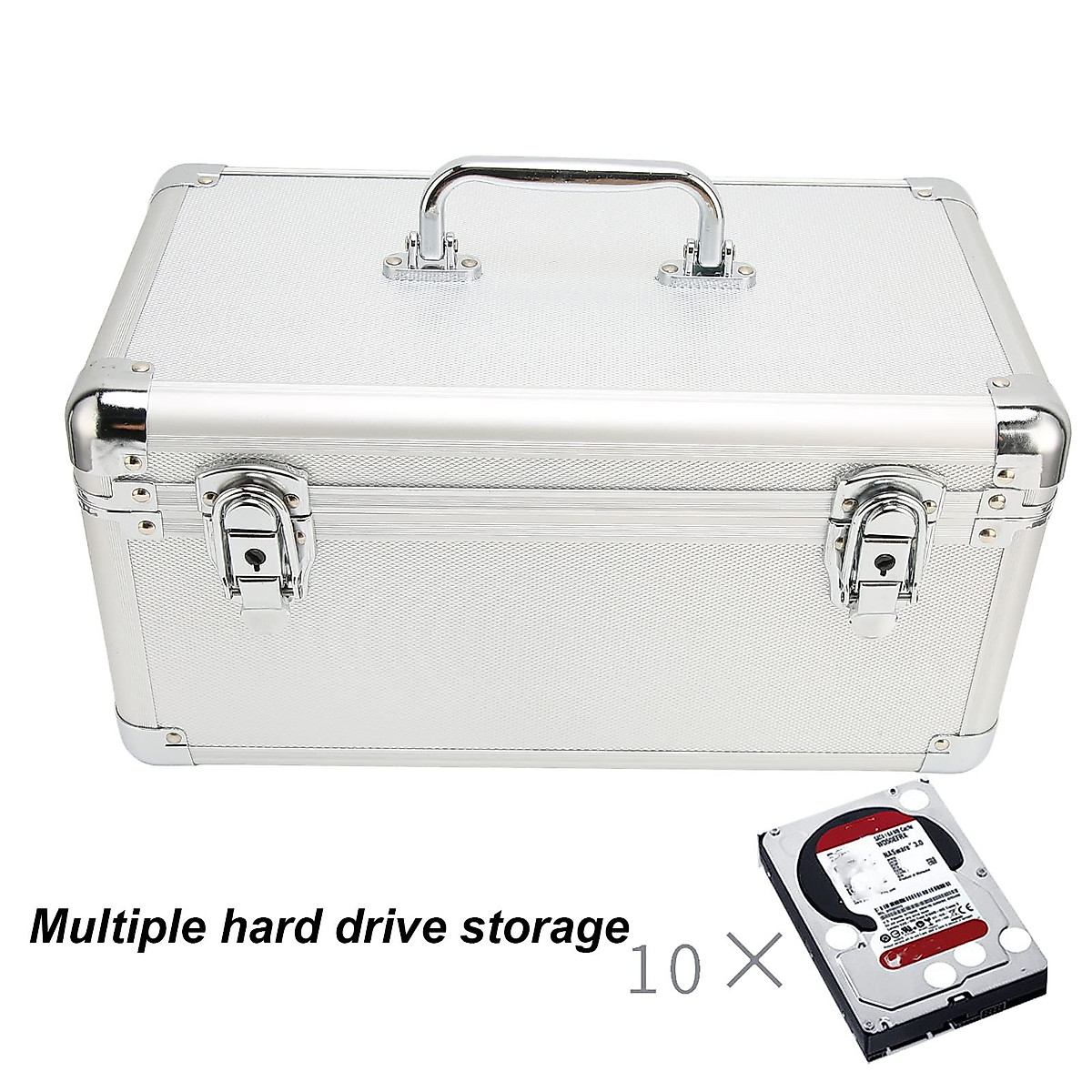 3.5in Hard Drive Box, Hard Drive Storage Box with 10 Bays, HDD Storage Box Suitcase for 3.5inch Hard Drives, Double (Silver)