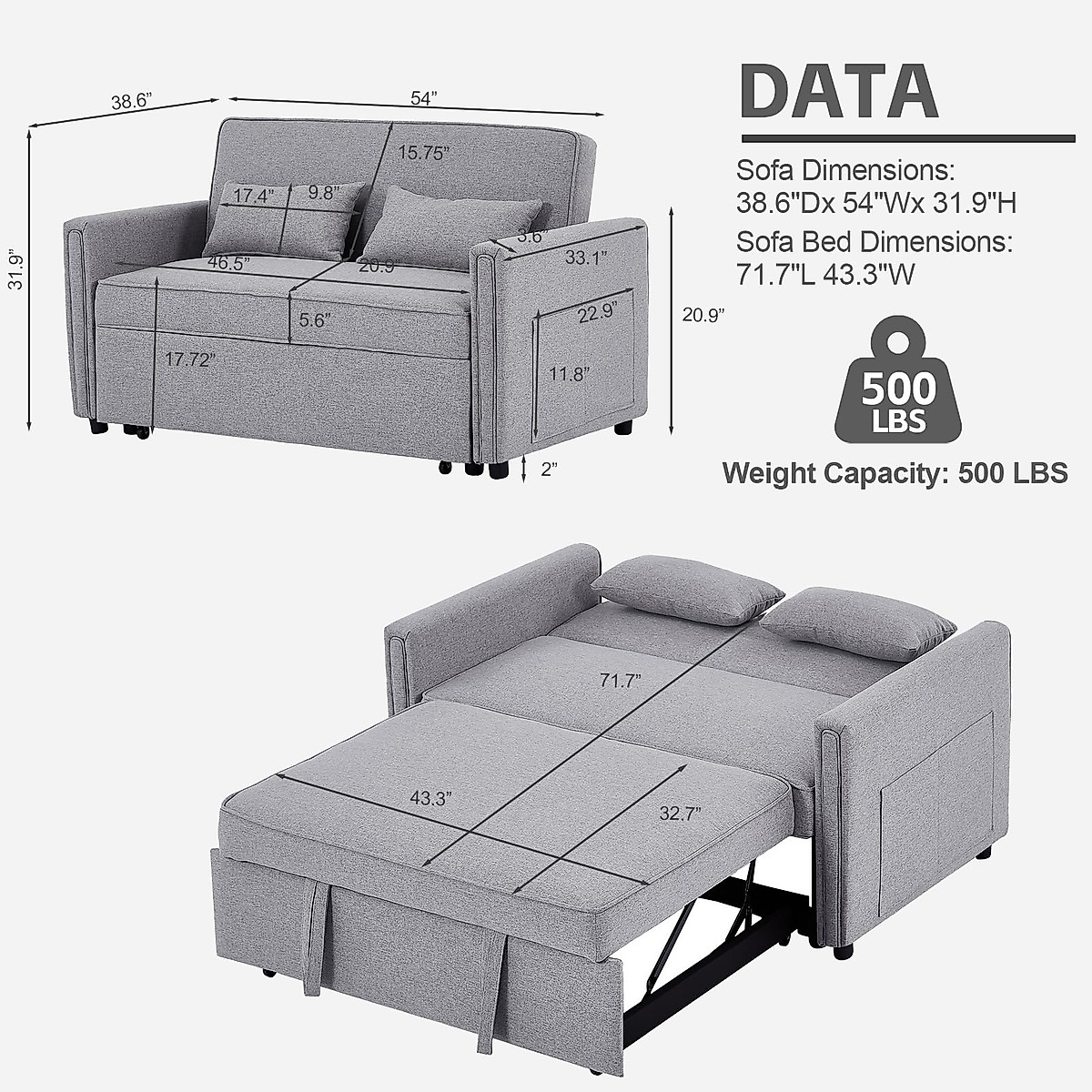 JEEOHEY 3-in-1 Convertible Sleeper Sofa Bed,54" Modern Linen Pull Out Couch Bed,Comfy Futon Small Love Seat Sofa with Adjustable Backrest&Pillows for Living Room,Bedroom,Apartment(Grey)