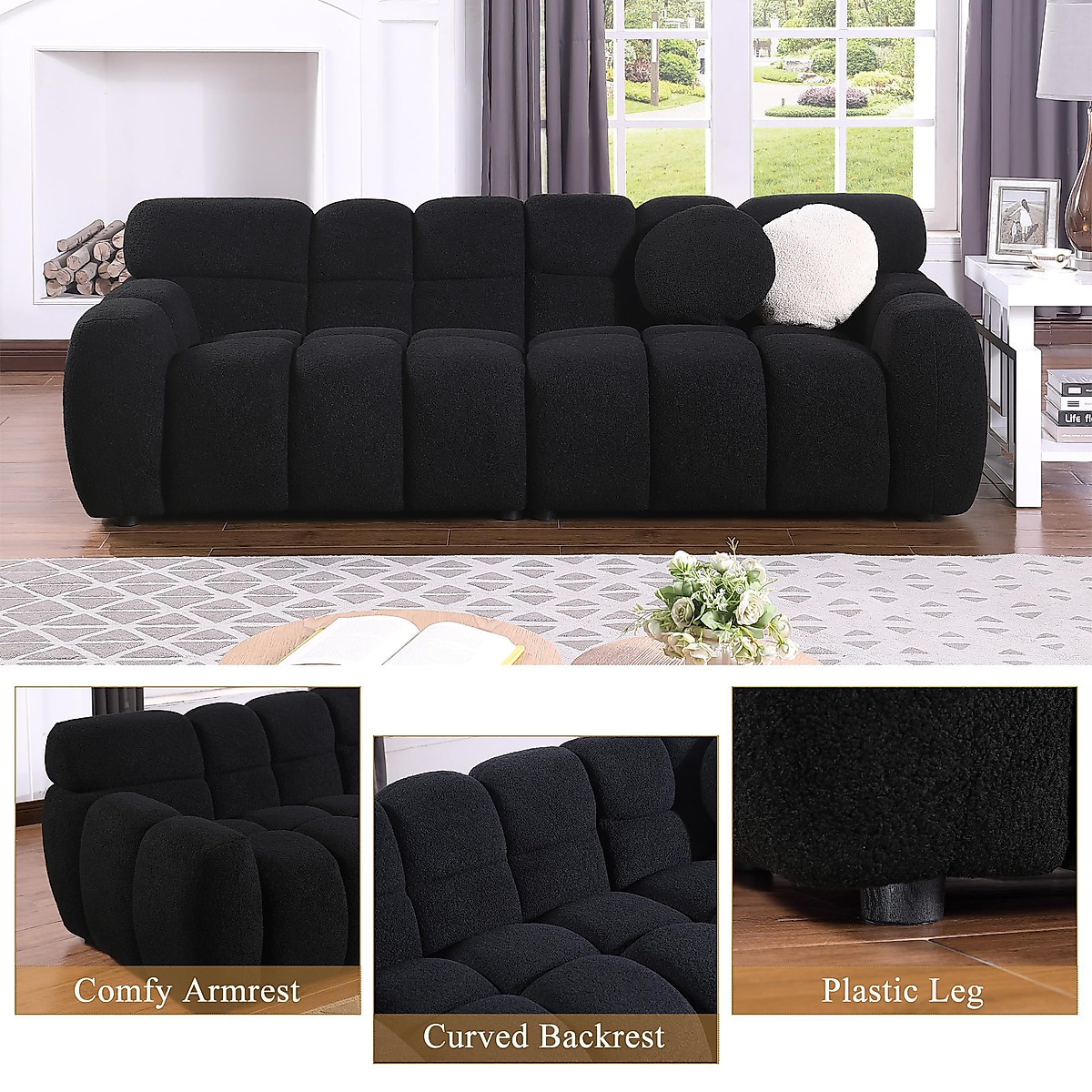 Tmsan 86.5" Boucle Cloud Sofa Couch, Modern Tufted 3 Seater Sectional Sofa Set for Living Room, Comfy Upholstered Couch Bed with 2 Accent Pillows for Bedroom Apartment Office