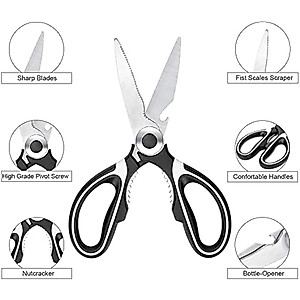 Kitchen Shears Multi Purpose Strong Stainless Steel Kitchen Utility Scissors with Cover Poulry,Fish, Meat, Vegetables Herbs, Bones, Dishwasher Safe (Black)