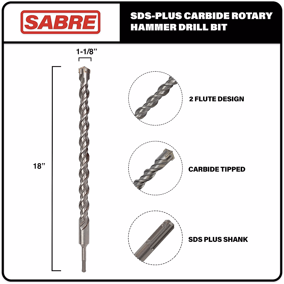 Sabre Tools 1-1/8 Inch x 18 Inch SDS Plus Rotary Hammer Drill Bit, Carbide Tipped for Brick, Stone, and Concrete (1-1/8" x 16" x 18")