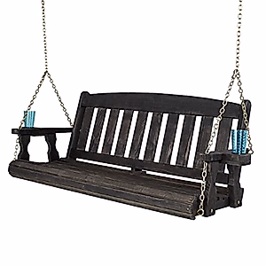Amish Casual Heavy Duty 800 Lb Mission Treated Porch Swing with Hanging Chains and Cupholders (5 Foot, Semi-Solid Black Stain)