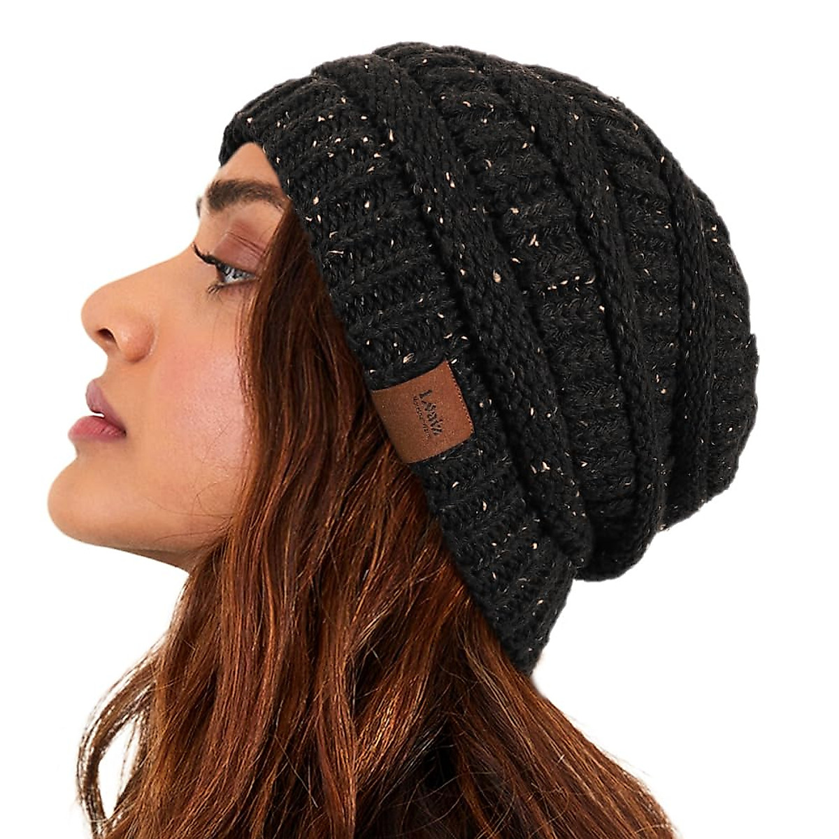 Winter Knitted Satin Lined Hats for Women Slouchy Cable Beanie Silky Soft Washed Warm Hat Black