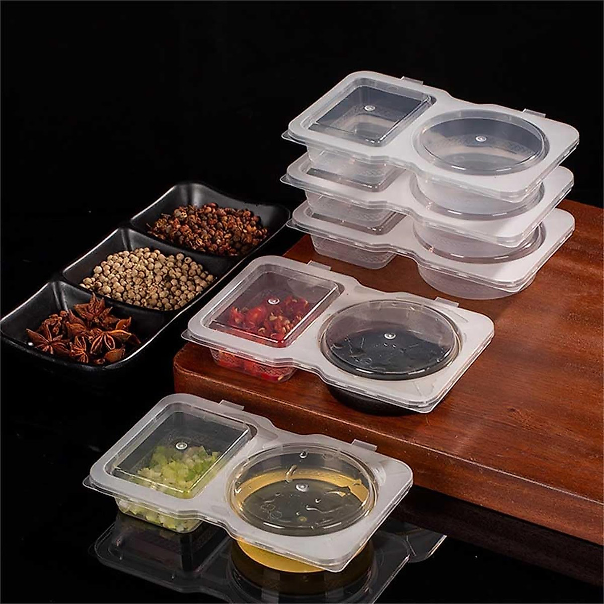 Double Condiment Containers with Lids, Double Compartment Condiment Container, Disposable Containers Double Compartment Snack Containers for to-go Sauce, Sampling, Travel Snack (Style B, 50PCS)