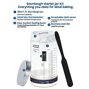 Vegapunk 58oz Sourdough Starter Jar Glass Kit - Wide Mouth Container/Crock with Lid for Bread Starter - Large Mason Jar with Date marked Feeding Band for Sourdough Starter