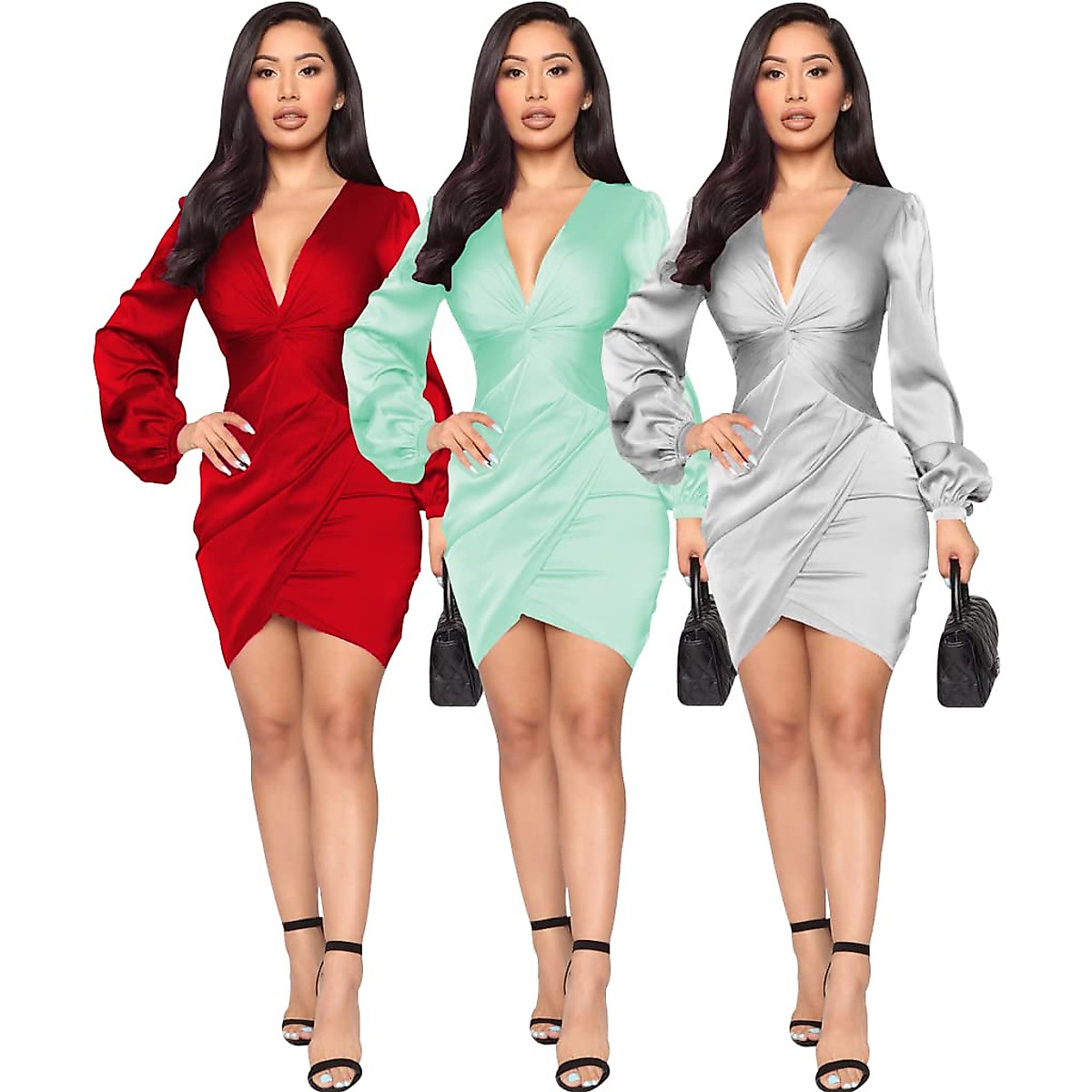 LightlyKiss Women's Midi Wedding Dress Guest Dress Long Sleeve Tight Pleated Cocktail Dress Red