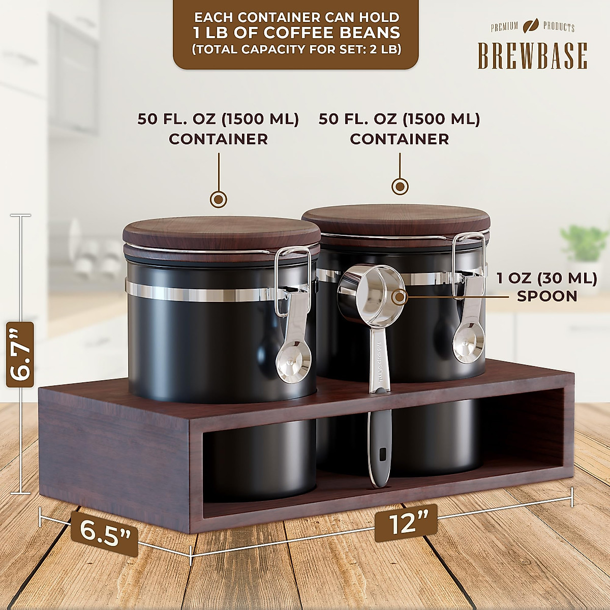BrewBase - Premium Coffee Storage Containers with Airtight Oak-Wood Lids & Shelf + Scoop, 304 Stainless Coffee Bean Storage Organizer for Kitchen - Coffee Container for Ground Coffee Sugar & More